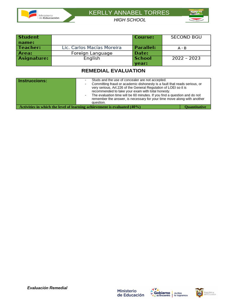 English Remedial Test 3th Bgu Ab 2022 | PDF | Language Families | Syntax