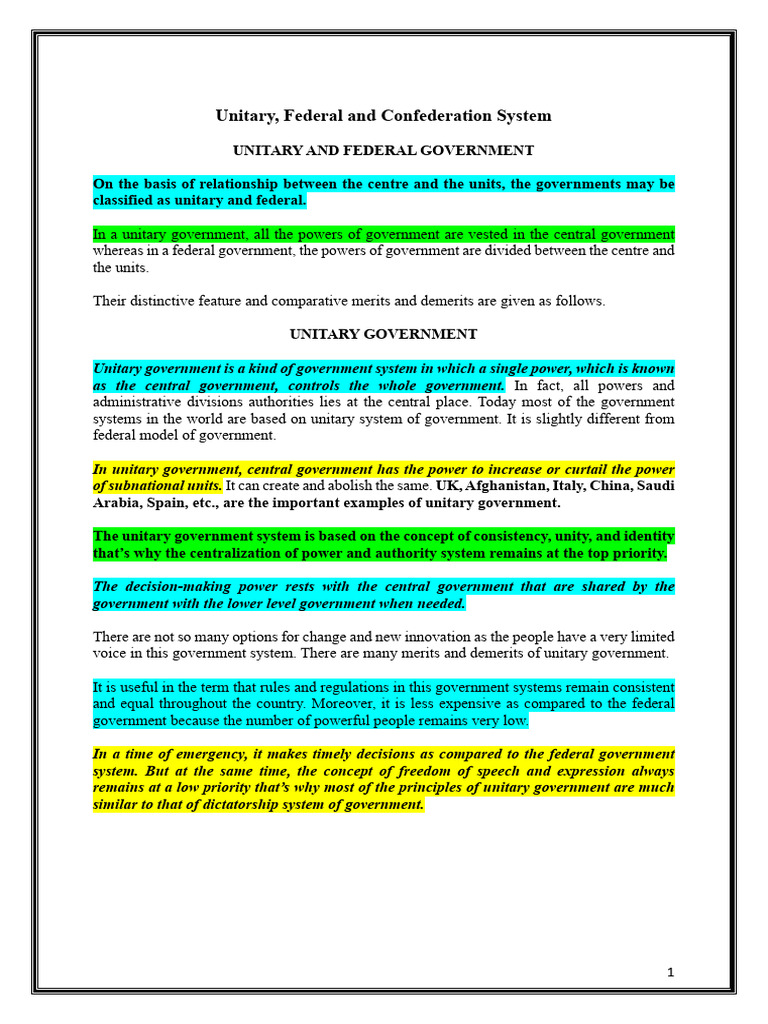 Unitary vs Federal Government Systems | PDF | Confederation | Federation