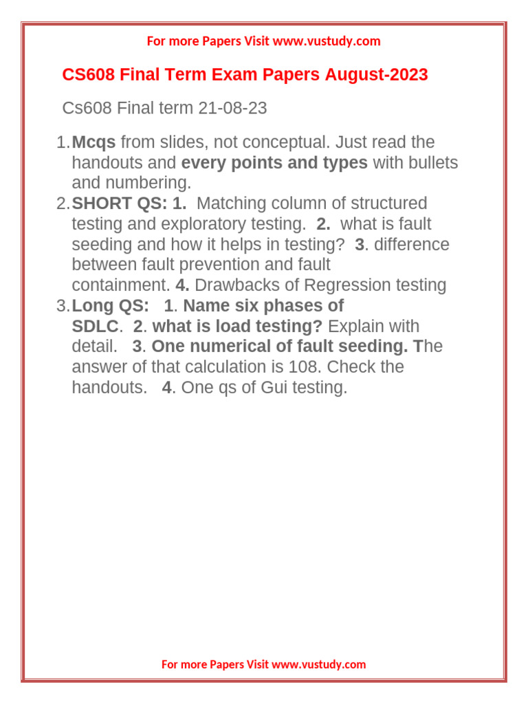 CS608 Final Term Exam Papers August 2023 | PDF
