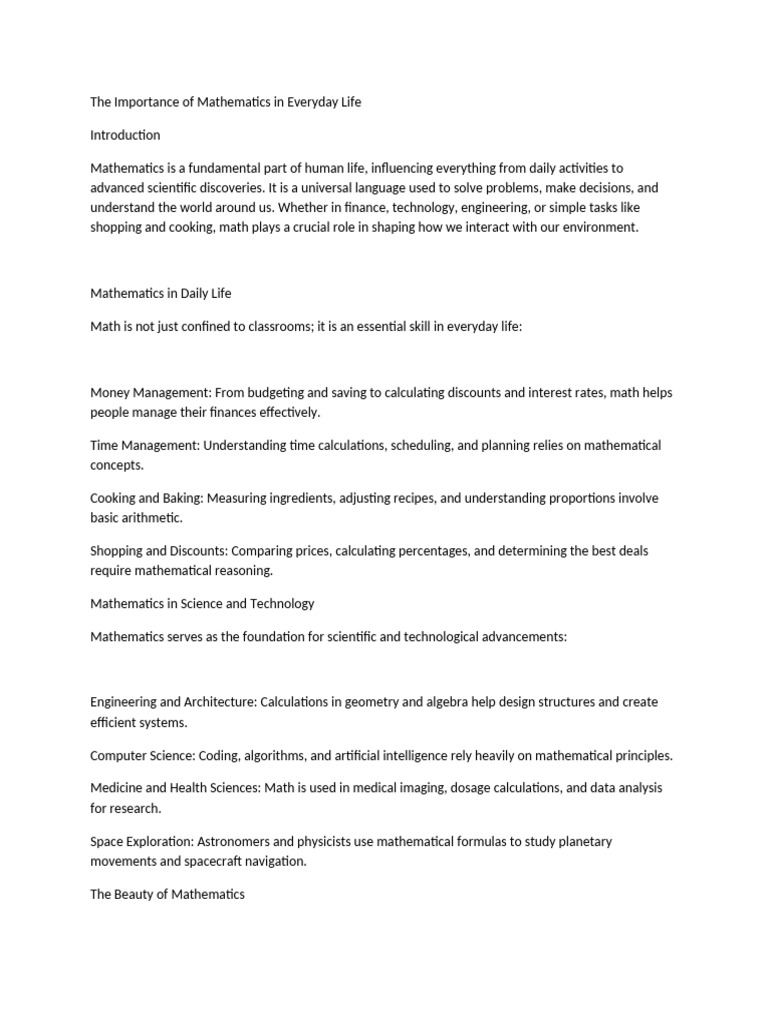 The Importance of Mathematics in Everyday Life | PDF