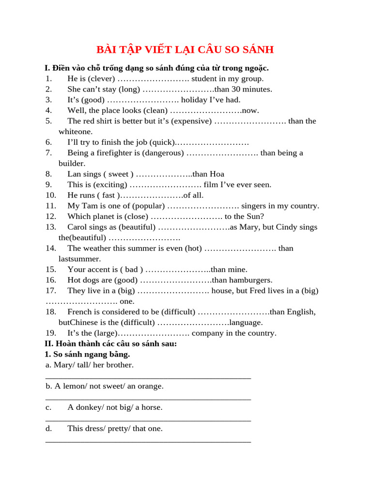 50 Bai Tap Viet Lai Cau So Sanh Tieng Anh Co Dap An Chi Tiet | PDF