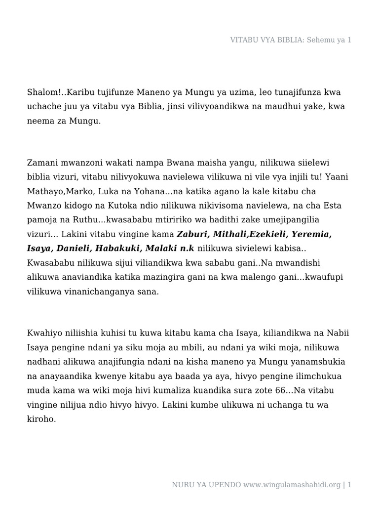 VITABU VYA BIBLIA - Sehemu Ya 1 | PDF