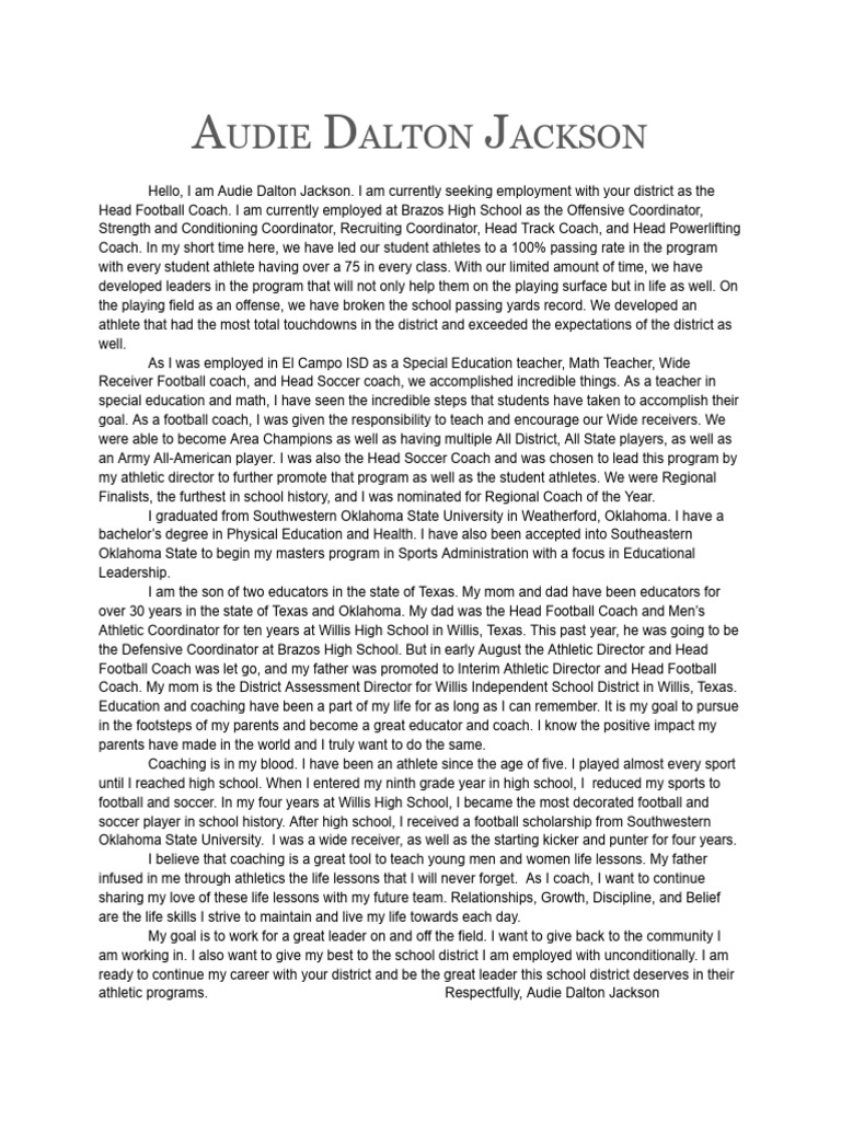 Audie Dalton Jackson Cover Letter HFC | PDF | College Football Seasons | College Football ...
