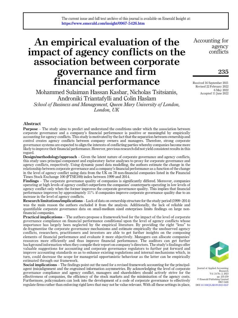 An Empirical Evaluation of The Impact of Agency Conflicts | PDF | Governance | Corporate Governance