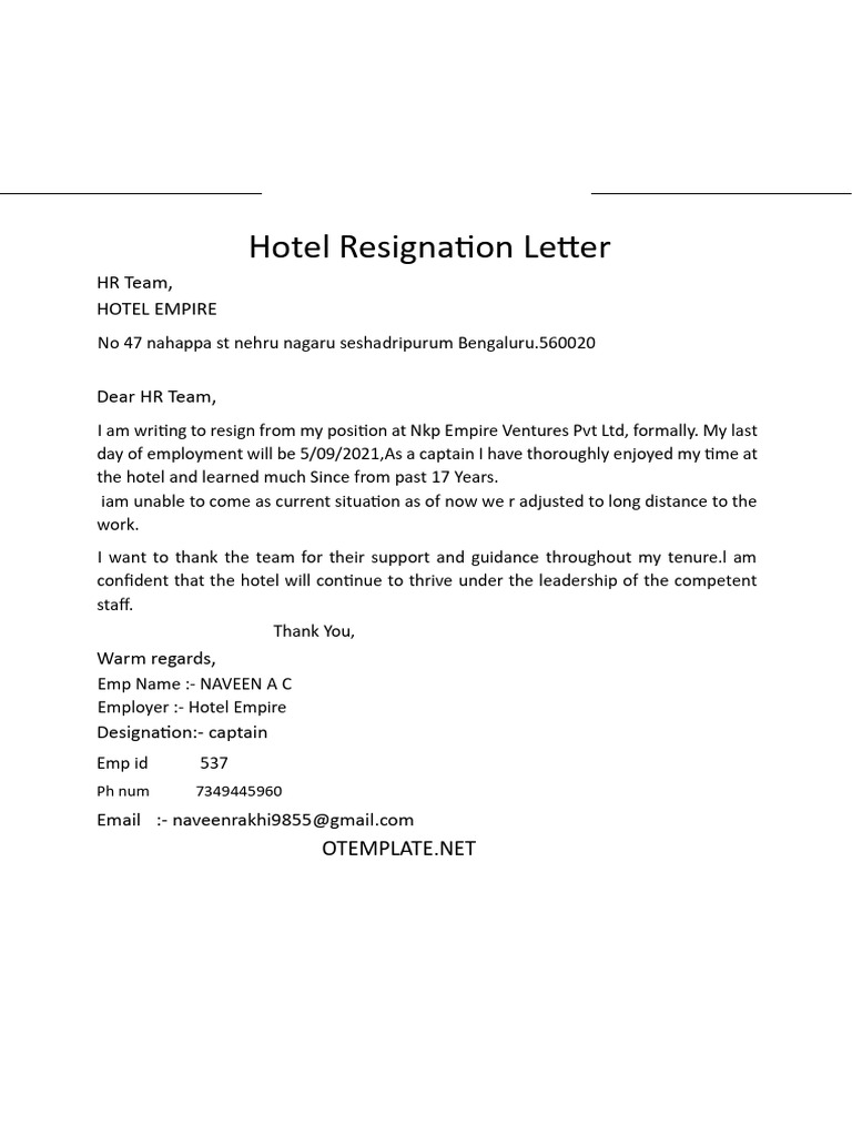 Hotel Resignation Letter Template | PDF