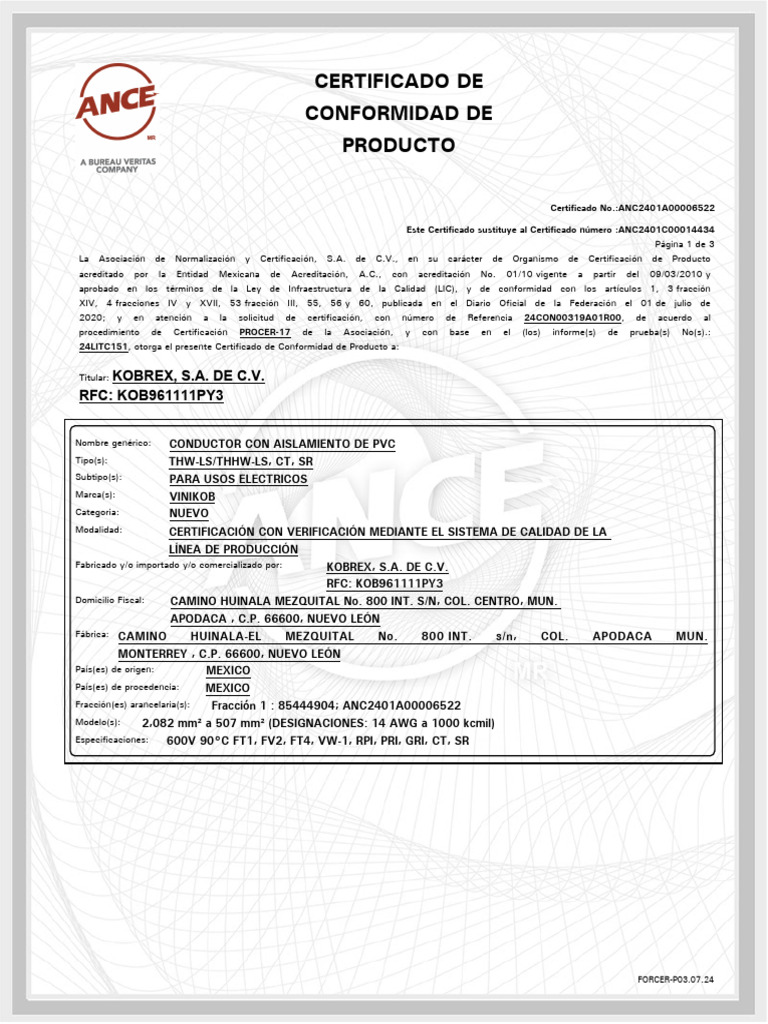 Certificado ANCE Cable Monoconductor Tipo THHW LS CT SR FT1 VWI PRI GRI Vigencia 2024 Al 2027 | PDF