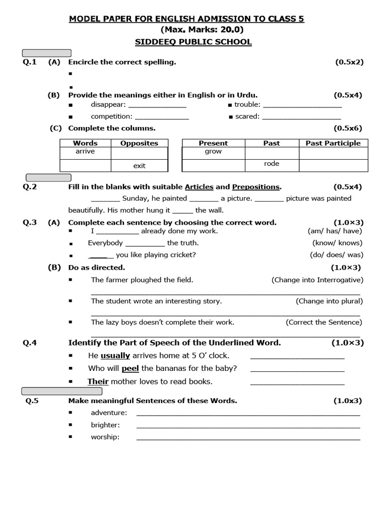 Siddeeq Public School Admission Test Papers | PDF | Linguistic ...