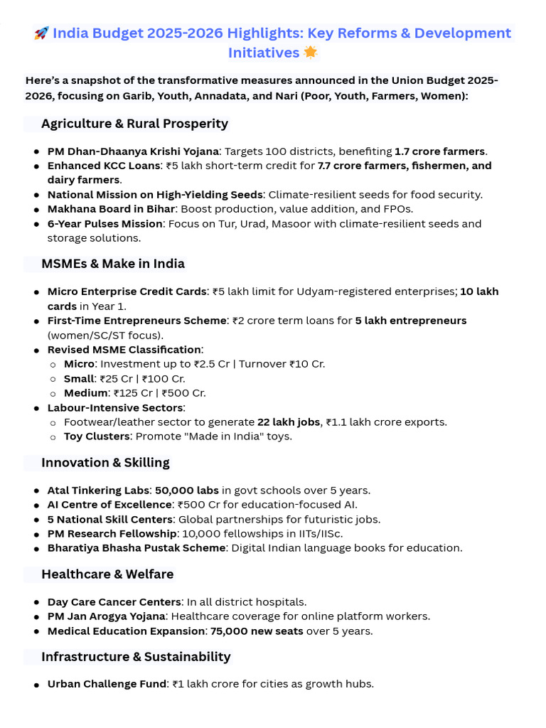 ? India Budget 2025-2026 Highlights Key Reforms & Development Initiatives ? | PDF | Taxes ...