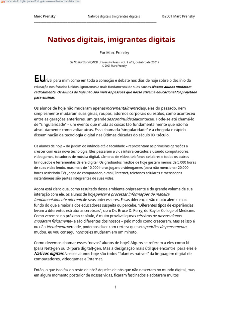 Prensky - Digital Natives, Digital Immigrants - Part1.en - PT | PDF | Pensamento | Aprendizado