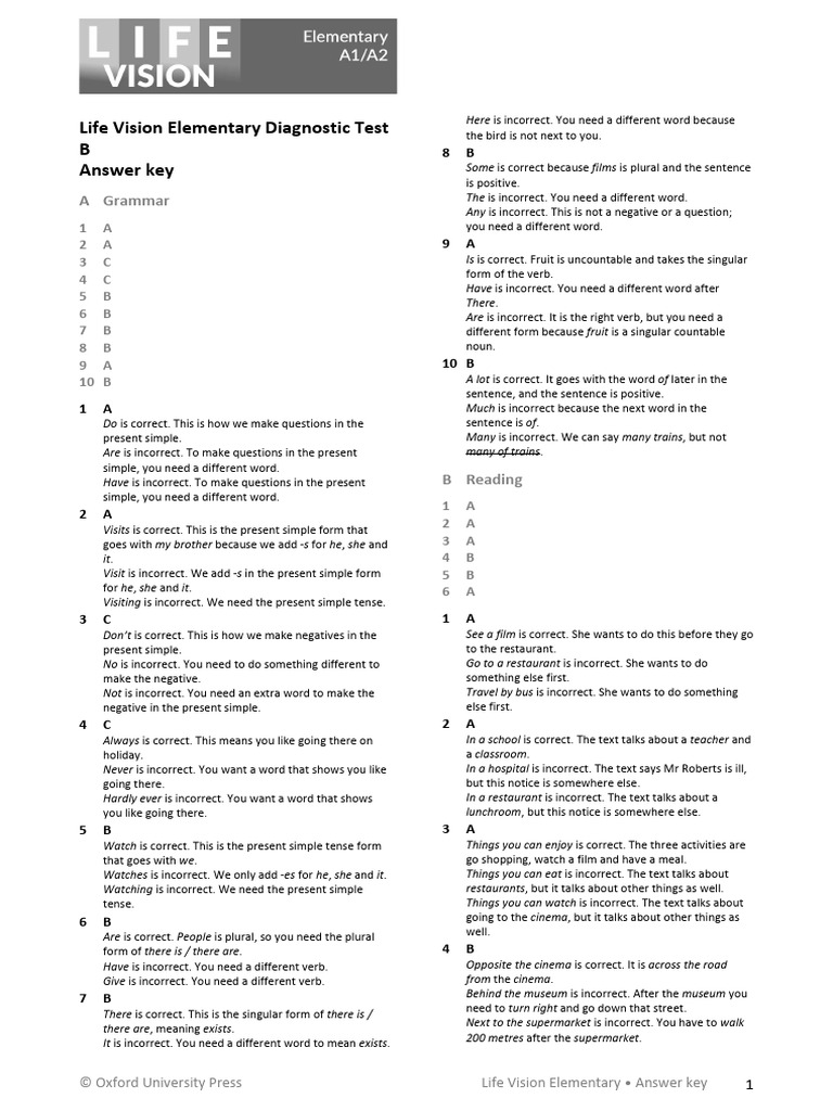 lif_visi_ele_diagnostic_b_answer_key | PDF | Grammatical Number | Plural