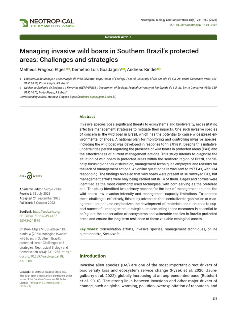 Managing Invasive Wild Boars in Southern Brazil's Protected Areas: Challenges and Strategies ...