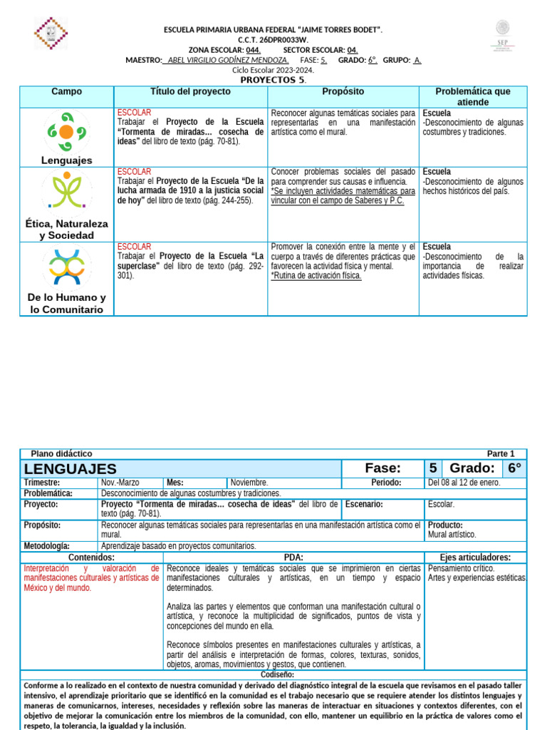 Planeación Enero Parte 1 y 2 Proyecto 5 Sexto A JTB 2023-2024 Abelitro | PDF | México | Aprendizaje