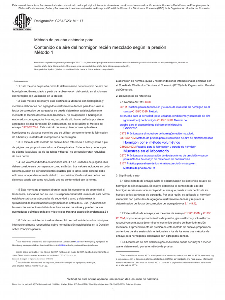Método ASTM C231: Contenido de Aire en Hormigón | PDF | Hormigón | Presión