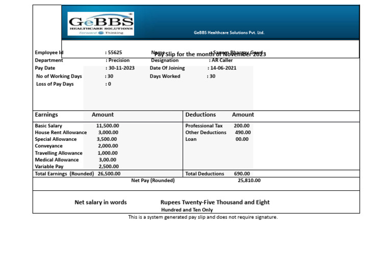 November 2023 Salary Slip - GeBBS | PDF