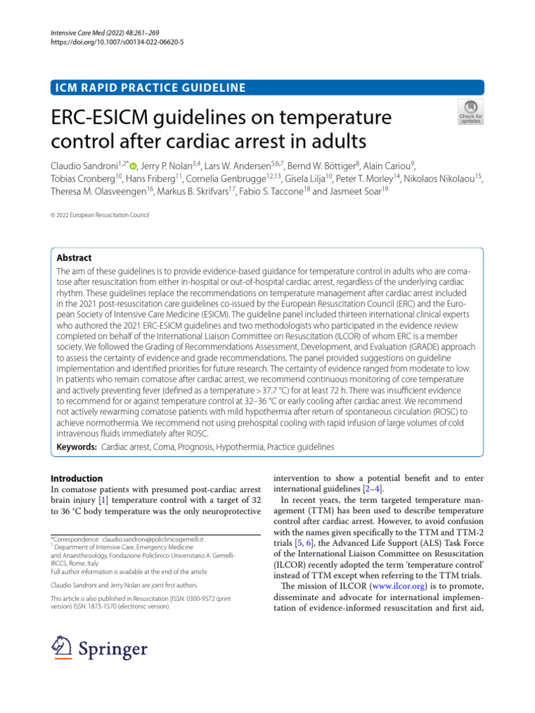 ERC-ESICM Guidelines On Temperature | PDF | Cardiac Arrest ...