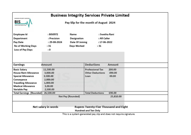 Swetha Rani Pay Slip August | PDF