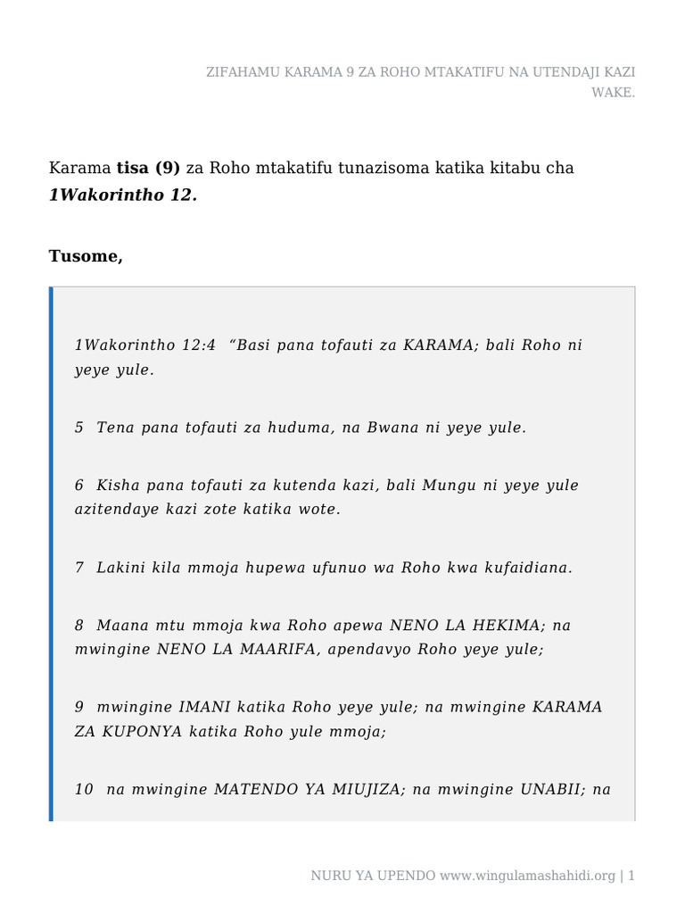 Zifahamu Karama 9 Za Roho Mtakatifu Na Utendaji Kazi Wake. | PDF