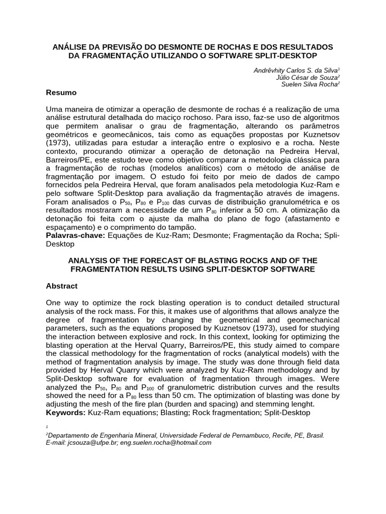 ANALYSIS OF THE FORECAST OF BLASTING ROCKS AND OF THE FRAGMENTATION RESULTS USING SPLIT-DESKTOP ...
