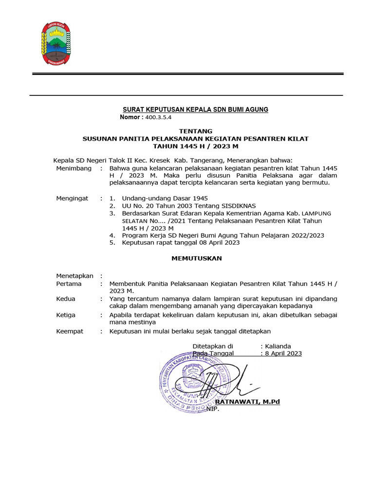 Panitia Pesantren Kilat SDN Bumi Agung 2023 | PDF