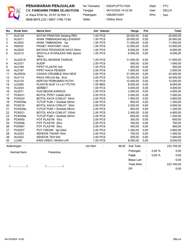Cv. Pandawa Prima Sejahtera: No. Kode Item Nama Item JML Satuan Harga Pot Total | PDF