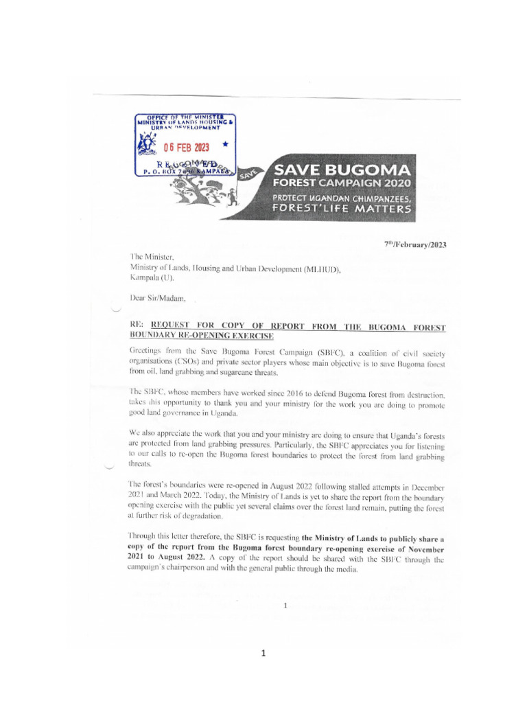 Letter To MLHUD Requesting For Report of Bugoma Forest Boundary ...