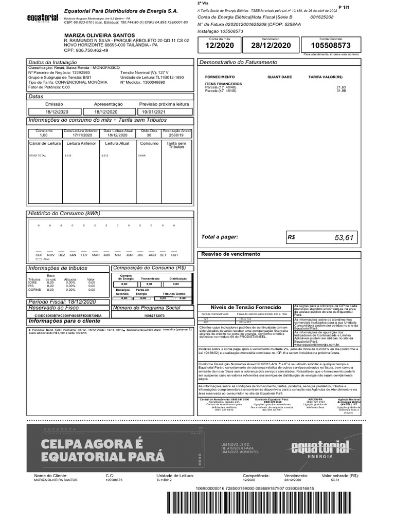 Fatura Equatorial - Mariza | PDF | Quantidades físicas