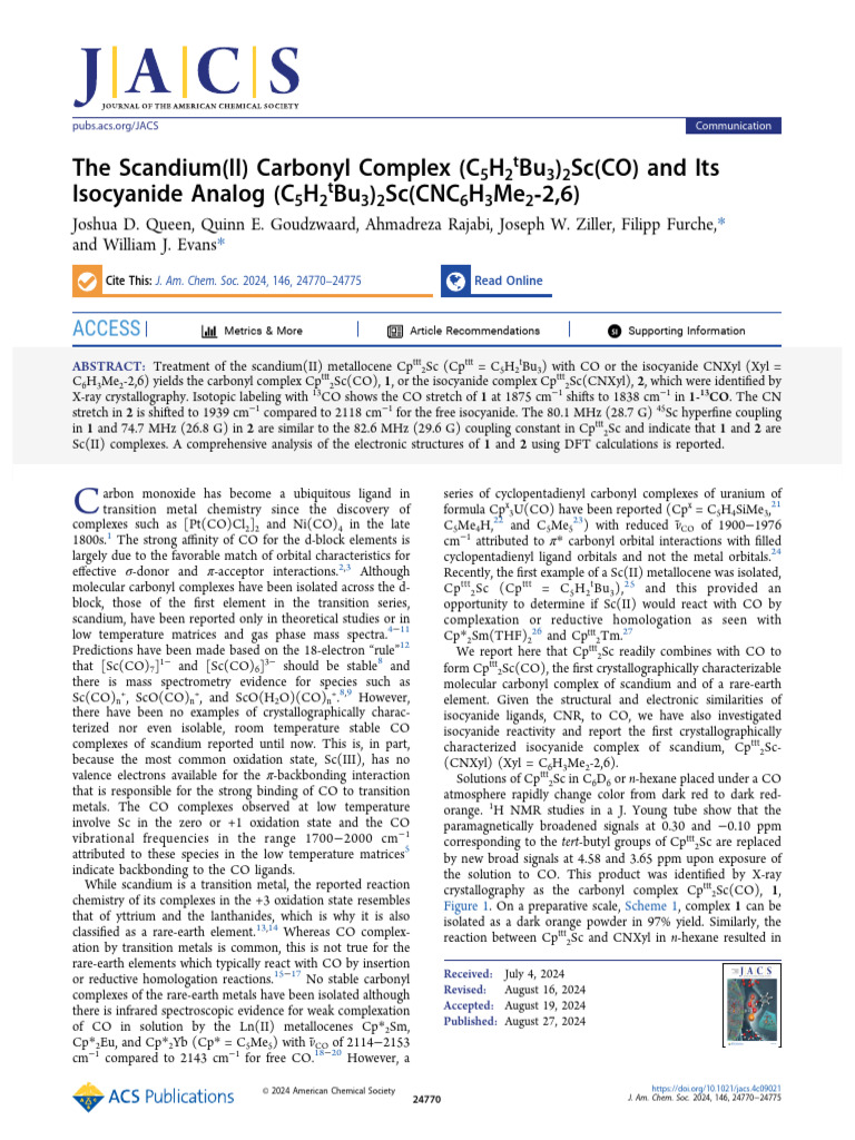 Joshua D Queen The Scandium II Carbonyl Complex | PDF | Coordination Complex | Lanthanide