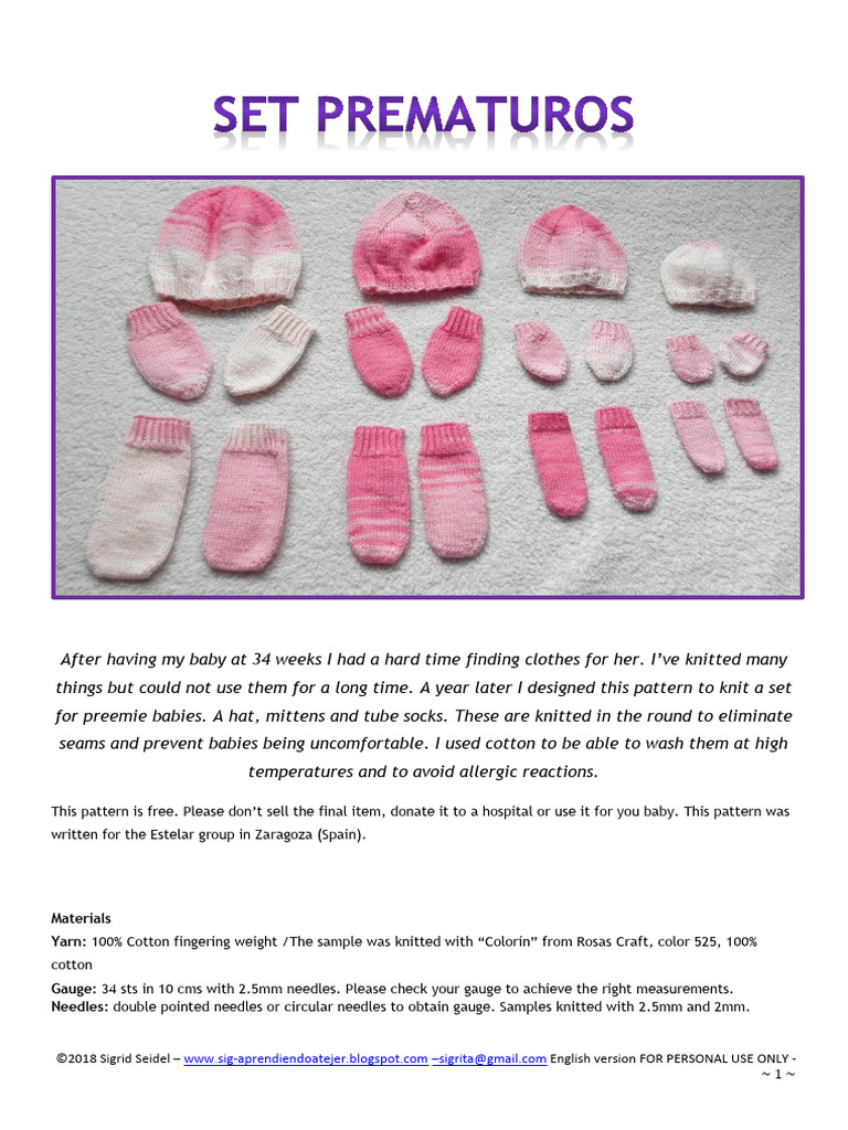 Preemie Baby Knitting Pattern Set | PDF | Knitting | Knitting Needle