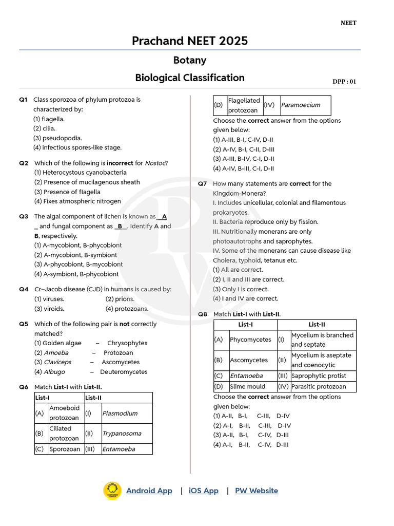 Biological Classification: DPP 30 Ques - Prachand NEET 2025 | PDF | Protozoa | Fungus