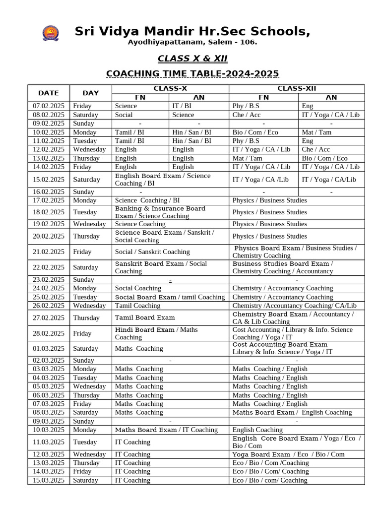 Coaching Time Table x& Xii-2025-New (1) (Autosaved) | PDF