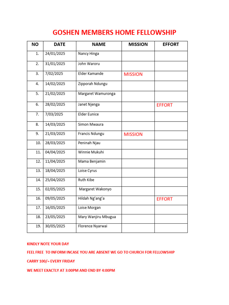 Goshen Members Home Fellowship Schedule | PDF