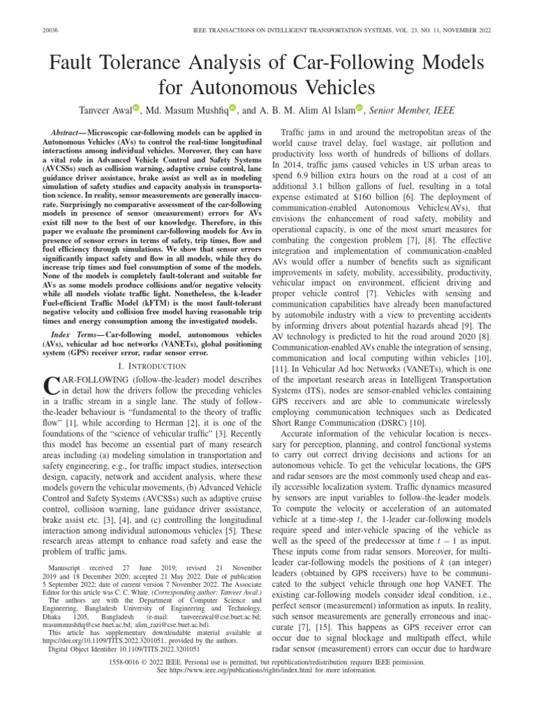 Fault Tolerance Analysis of Car-Following Models For Autonomous ...