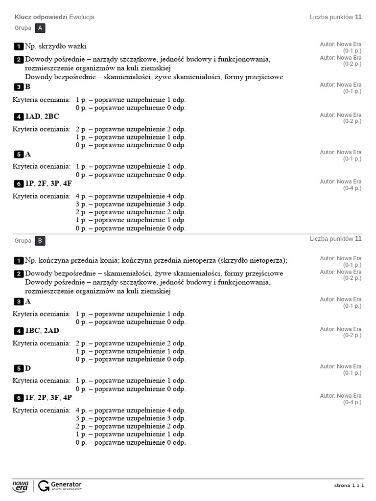 Ewolucja Klucz Odpowiedzi | PDF