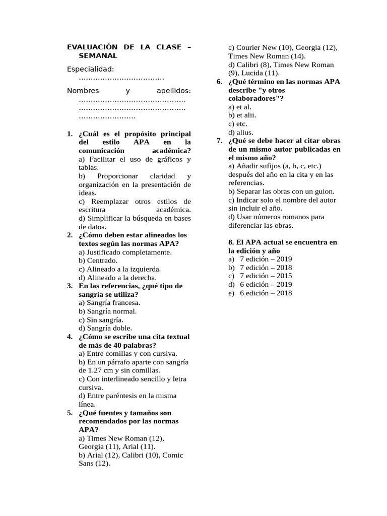 Evaluación de La Clase | PDF | Estilo apa | Comillas