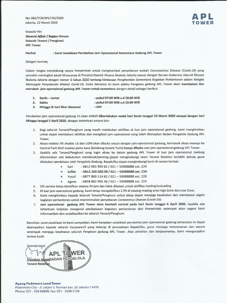 082-Sosialisasi Perubahan Sementara Jam Operasional Gedung APL Tower ...