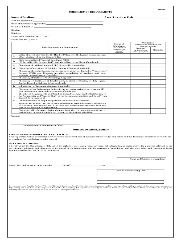 ANNEX C Checklist of Requirements and Omnibus Sworn Statement | PDF