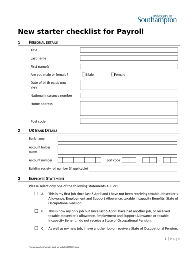 Payroll New Starter Checklist | PDF | Student Loan | Payroll