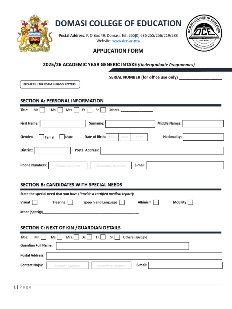 Domasi Generic Application Form | PDF | Educational Stages | Qualifications