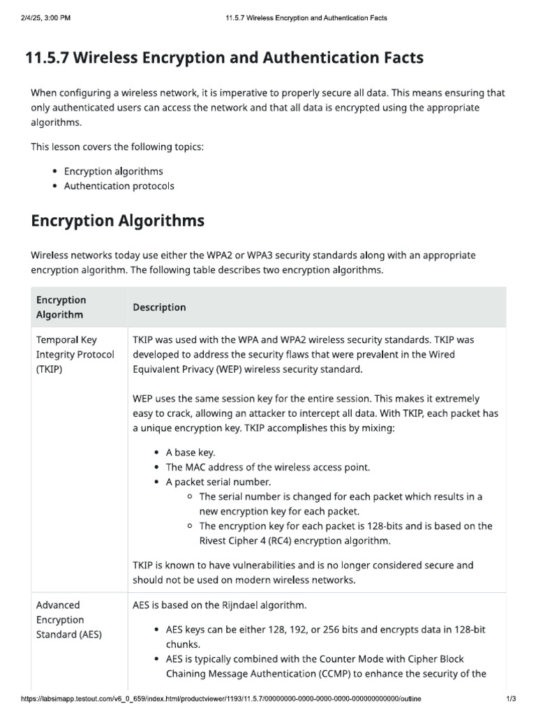 11.5.7 Wireless Encryption and Authentication Facts | PDF