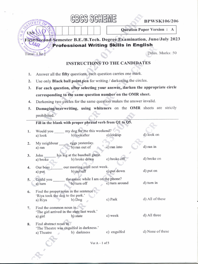 VTU Question Paper of BPWSK106 - BPWSK206 Professional Writing Skills ...