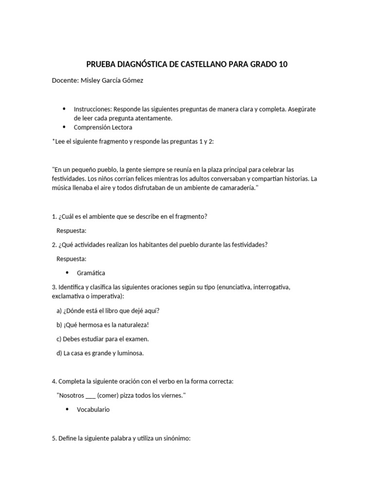 Prueba Diagnóstica de Castellano 10° | PDF | Lingüística