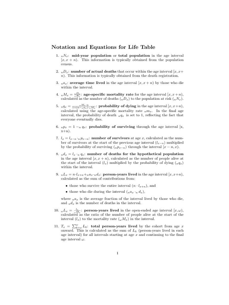 Life Table Notation and Equations Guide | PDF | Mathematics | Applied ...