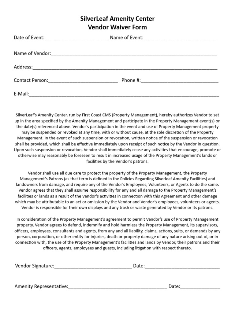 General Vendor Waiver Form | PDF | Indemnity | Civil Law (Legal System)