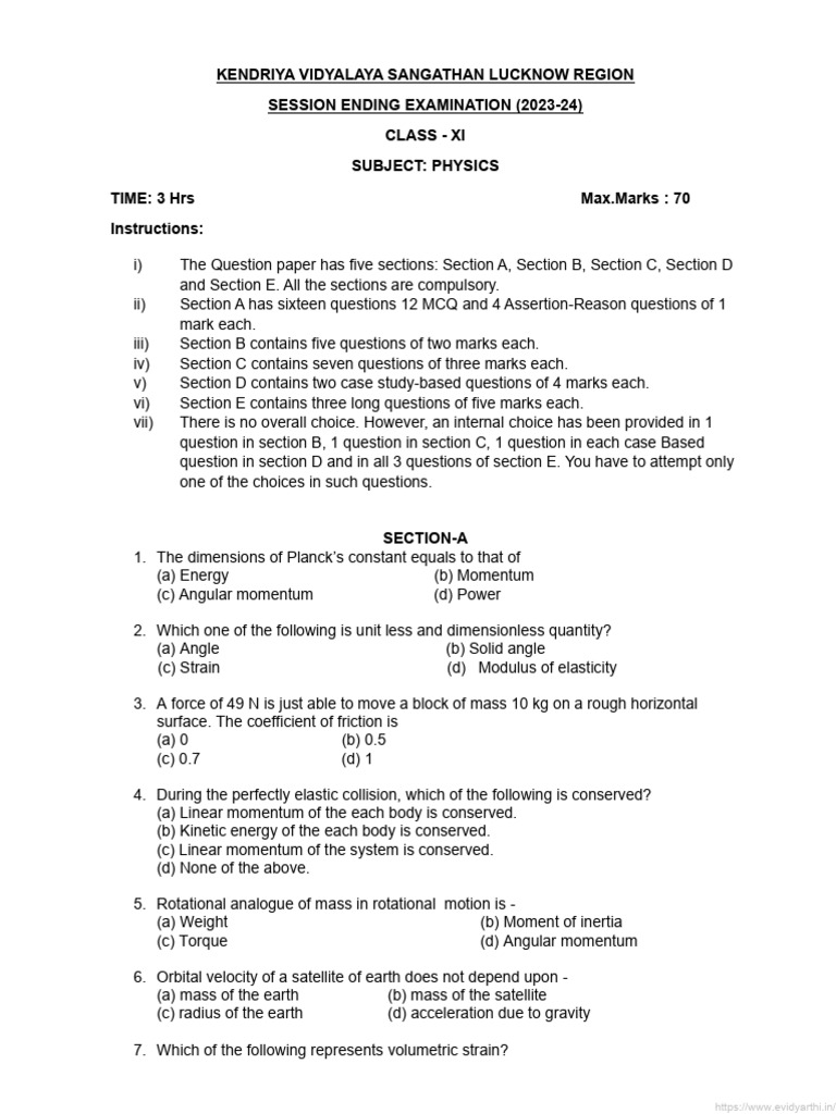 Cbse Class 11 Physics Final Term Question Paper 2023 24 | PDF | Force | Torque