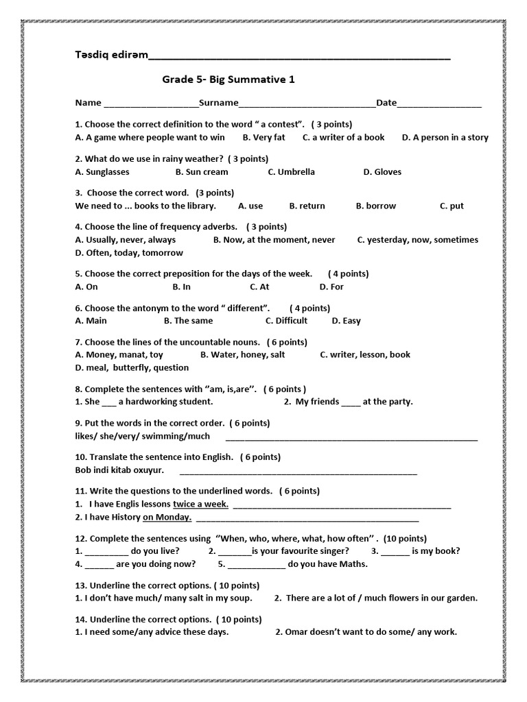 Grade 5 - Big Summative 1 (Gulshan Anar) | PDF | Semantic Units ...