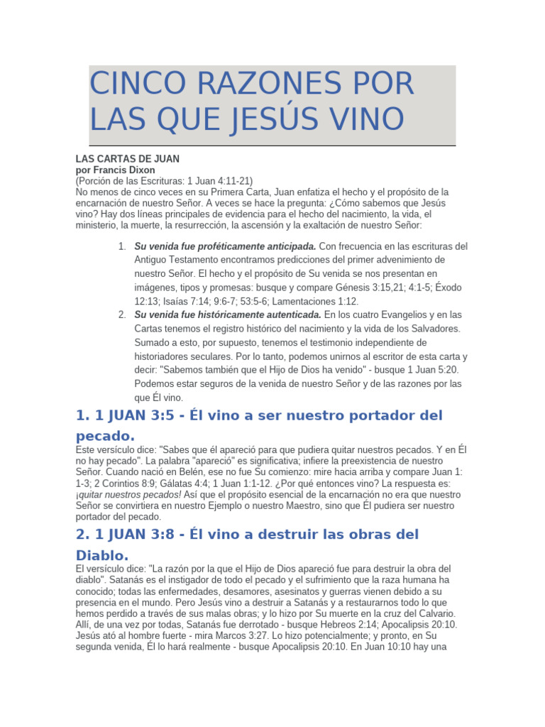 Razones de la Venida de Jesús | PDF | Pecado | Satán