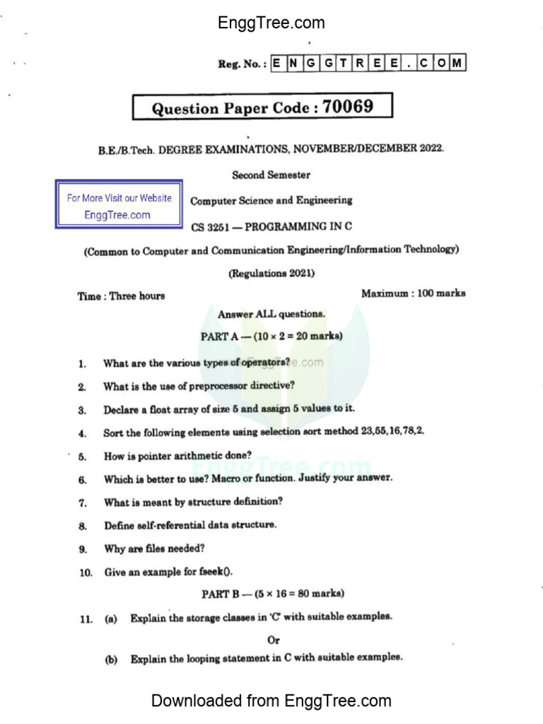 CS3251 Programming in C Nov Dec 2022 Question Paper Download | PDF