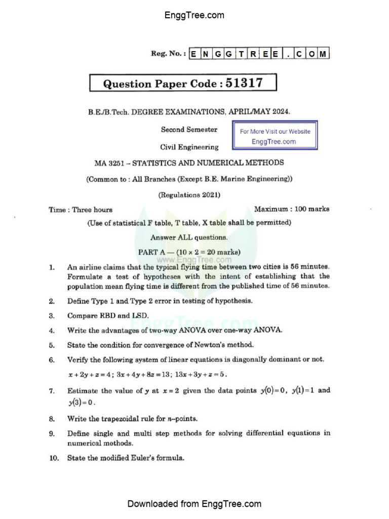 Ma3251 Statistics And Numerical Methods Apr May 2024 Question Paper Download Pdf