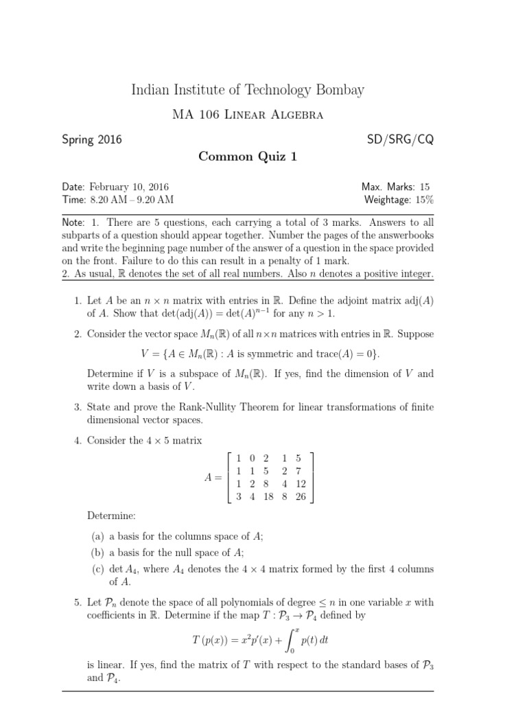 2016_quiz_paper | PDF | Matrix (Mathematics) | Basis (Linear Algebra)