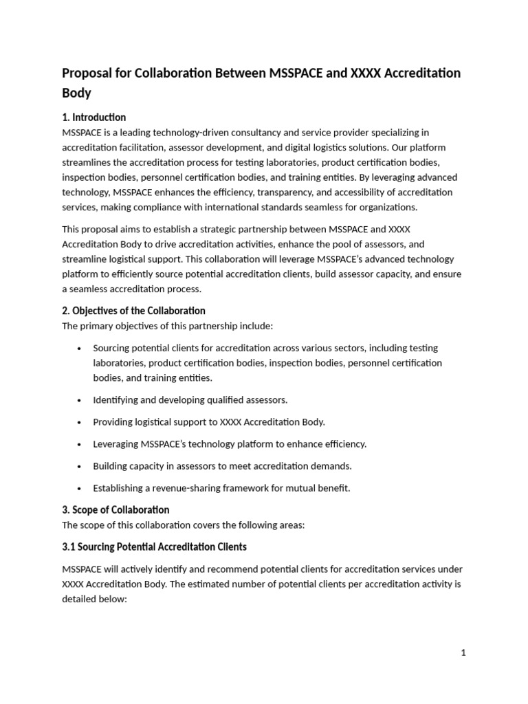 Proposal For Collaboration Between MSSPACE and XXXX Accreditation Body ...